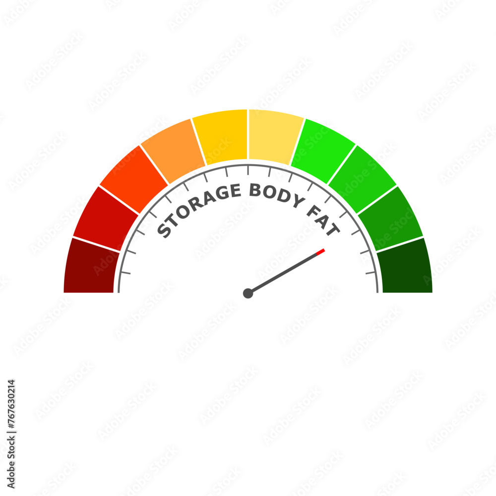 Storage body fat good level on measure scale. Instrument scale with ...