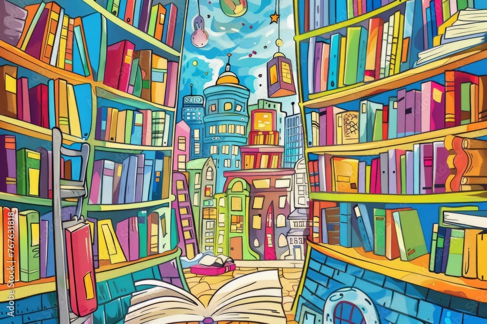 Cartoon cute doodles of a big city library with towering bookshelves ...