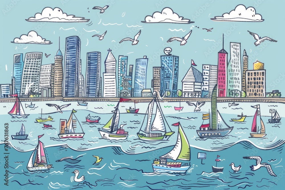 Cartoon cute doodles of a big city harbor bustling with activity, with ...