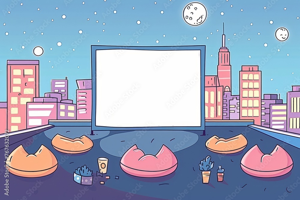 Cartoon cute doodles of a big city rooftop cinema with a giant screen ...
