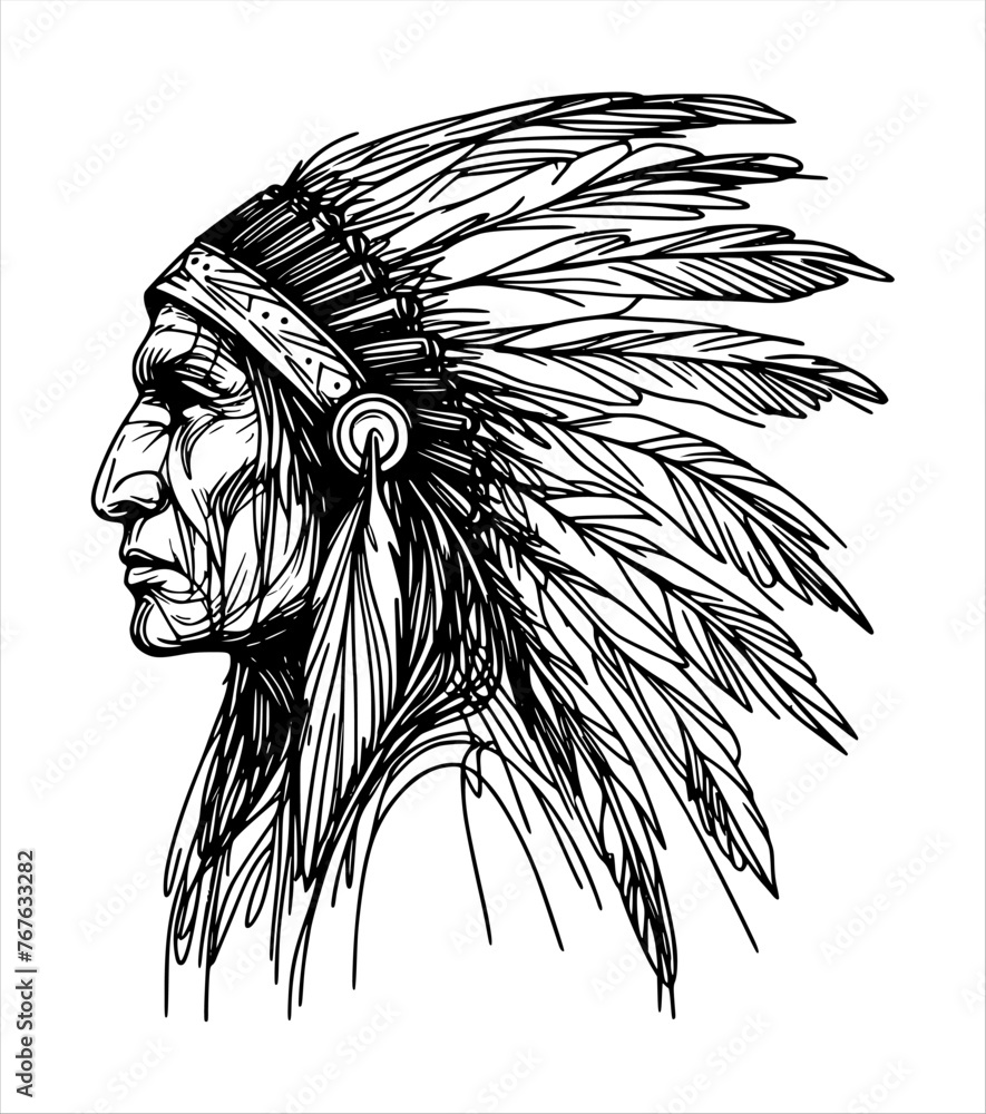 line hand drawing - the face of a native Indian man, black on white ...