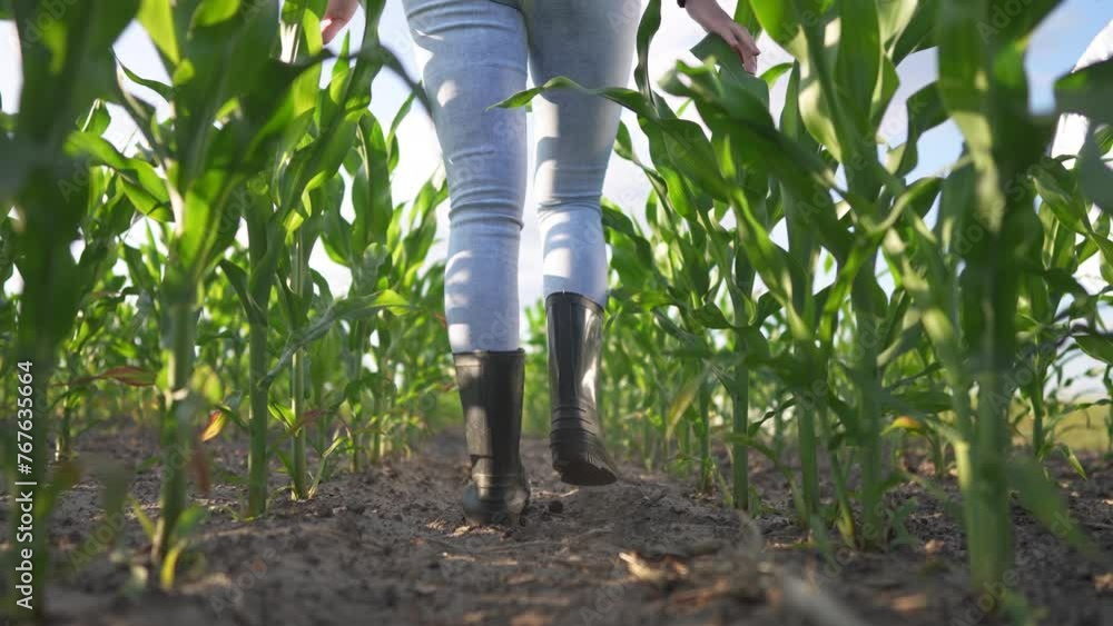 agriculture corn. farmer girl in rubber boots walks through a green ...