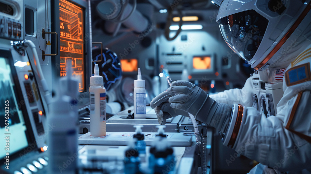 Crew members aboard a spacecraft receive cosmic inoculations from an ...