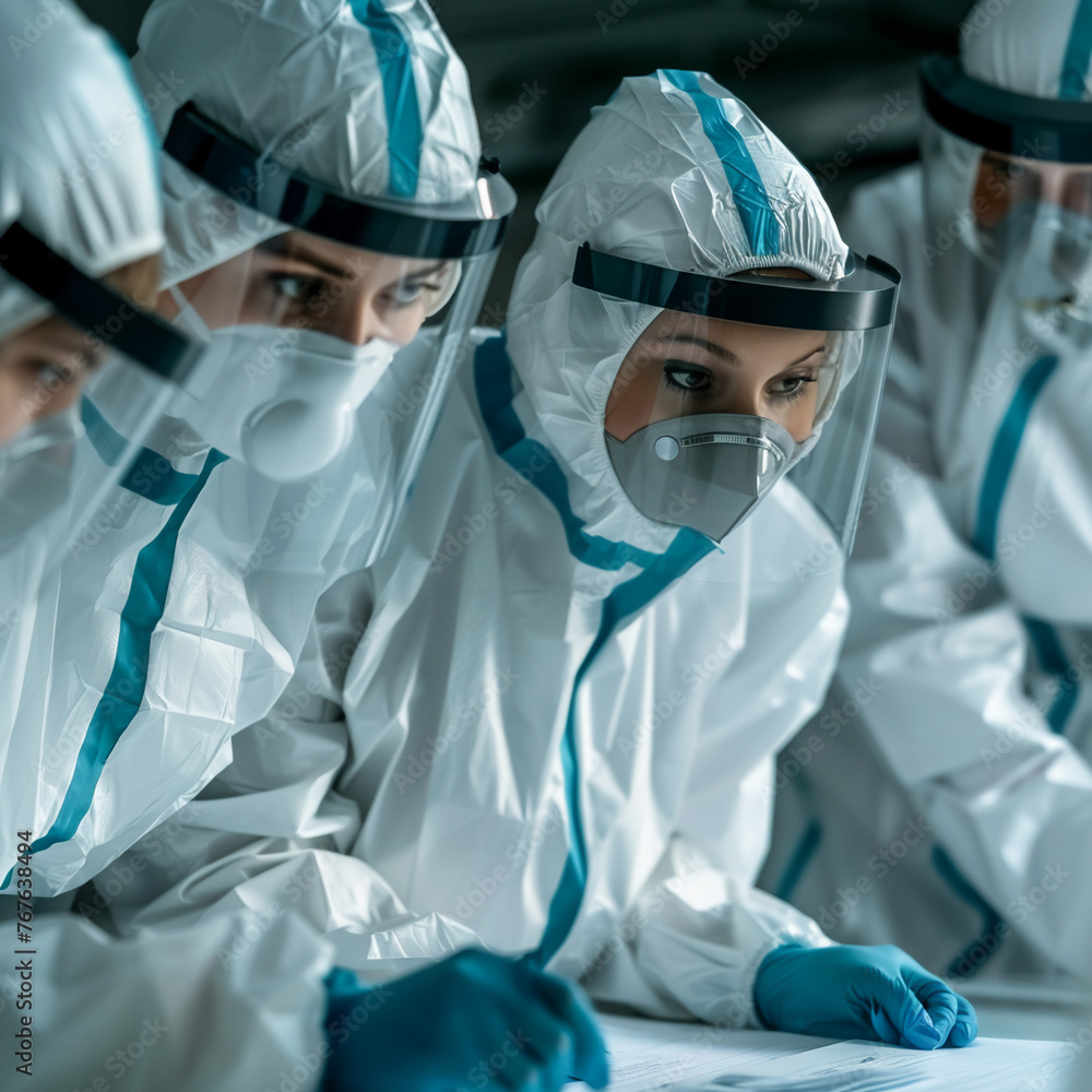 Researchers wearing protective gear review the findings of an alien ...