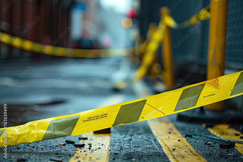 A close-up of warning tape cordoning off an area, focusing on themes of ...