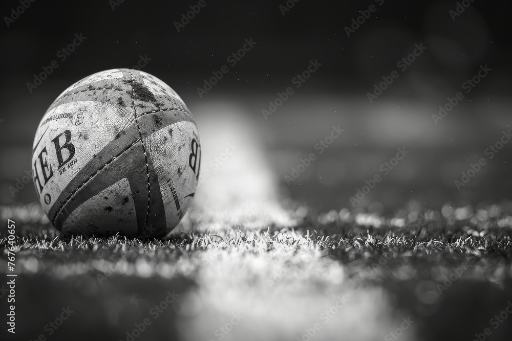 Rugby ball resting on the infield line, the contrast of its stitching ...