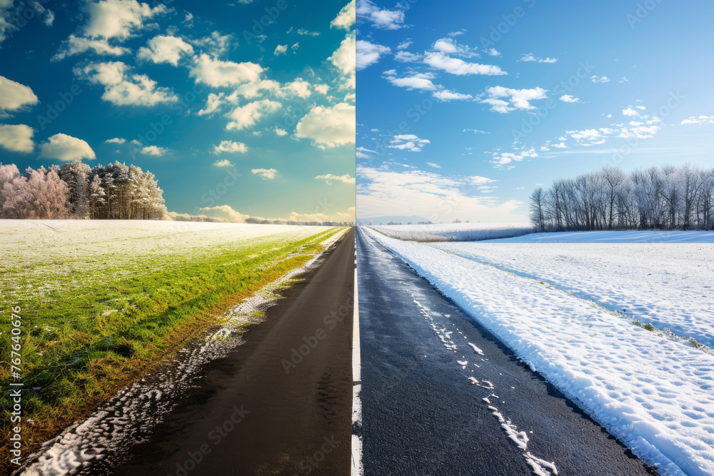 Combining images of winter and summer seasons on the road visually ...
