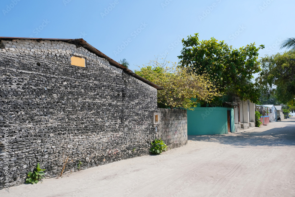 Beautiful local village at Mathiveri island. Mathiveri is one of the ...