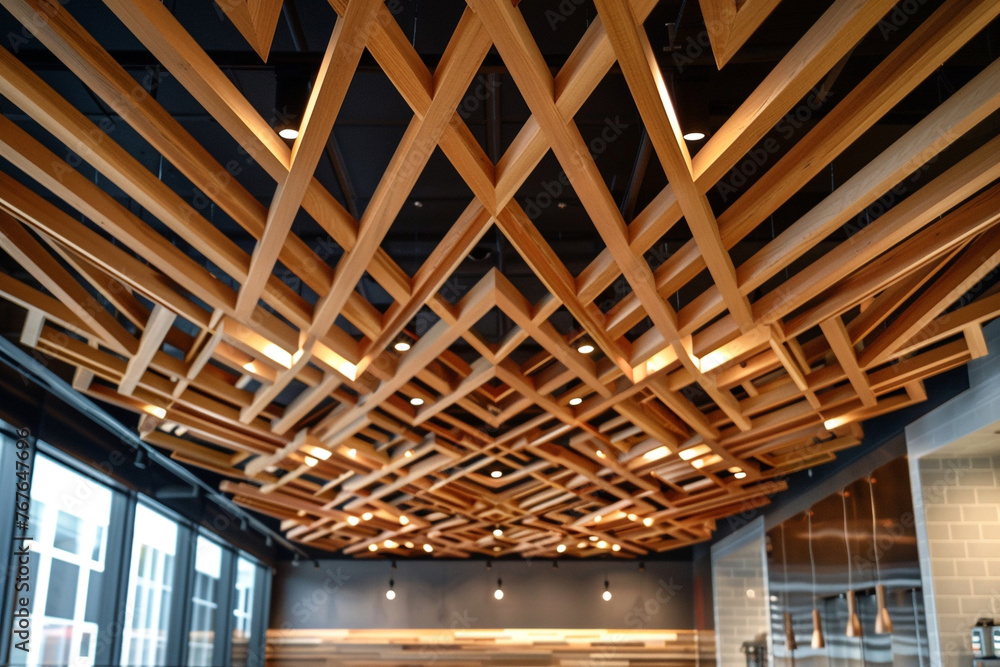 A ceiling designed with a series of interlocking wooden slats, creating ...