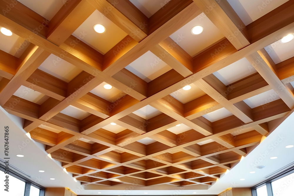 An architectural ceiling with asymmetrical wooden beams creating a ...