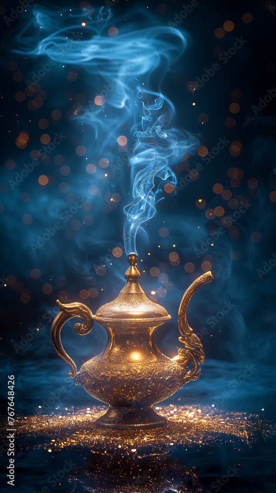 Aladdins mysterious lamp with glowing fire and smoke on magical ...