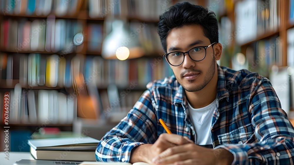 Young collage student using computer and mobile device studying online ...
