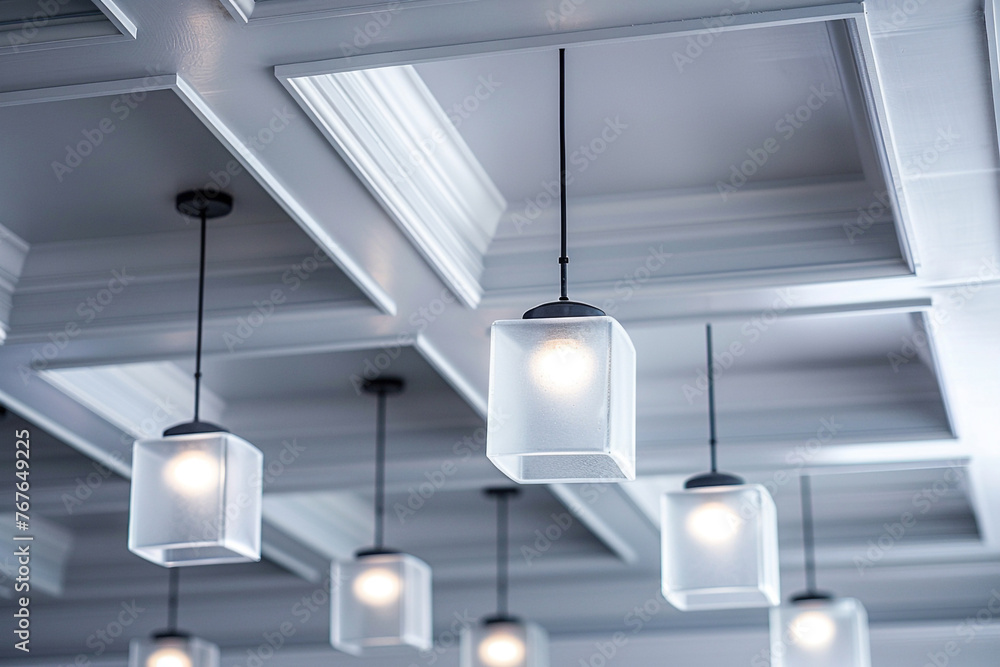 A contemporary coffered ceiling painted in a soft gray, with each ...