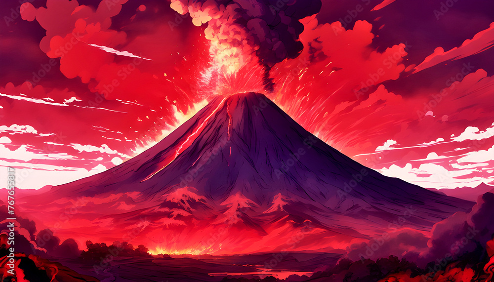 Erupting Volcano in Red Sky with Flowing Smoke, Anime Style Stock ...
