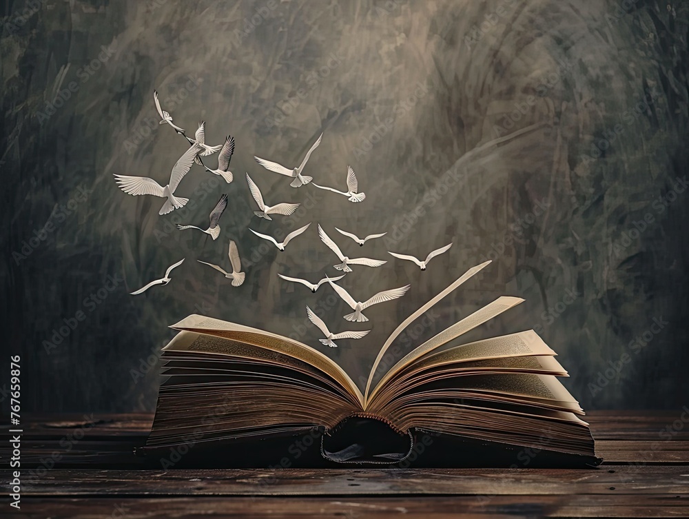 A serene image of an open book with pages flying out and transforming ...