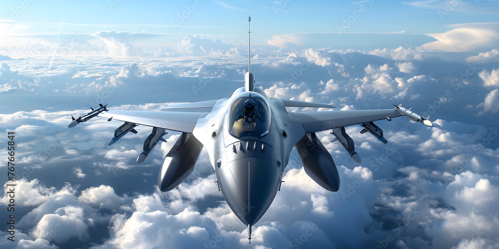 Fighter jet fighter in flight over the clouds 3d render an F16 fighter ...