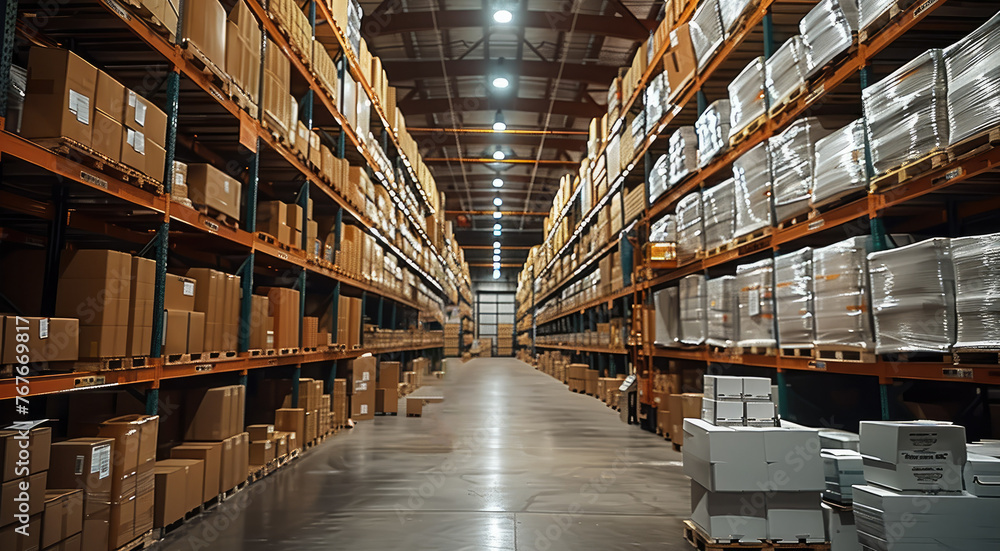 Company with inventory control, A bustling warehouse packed to the brim with countless boxes and ...