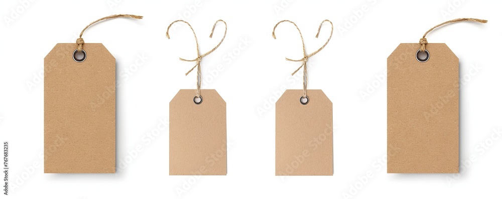 Four brown tags with a white background. The tags are hanging from a ...