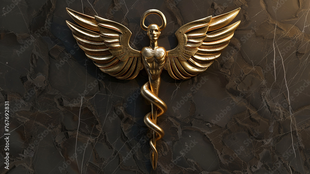 Caduceus medical symbol with golden wings and serpents on a dark ...