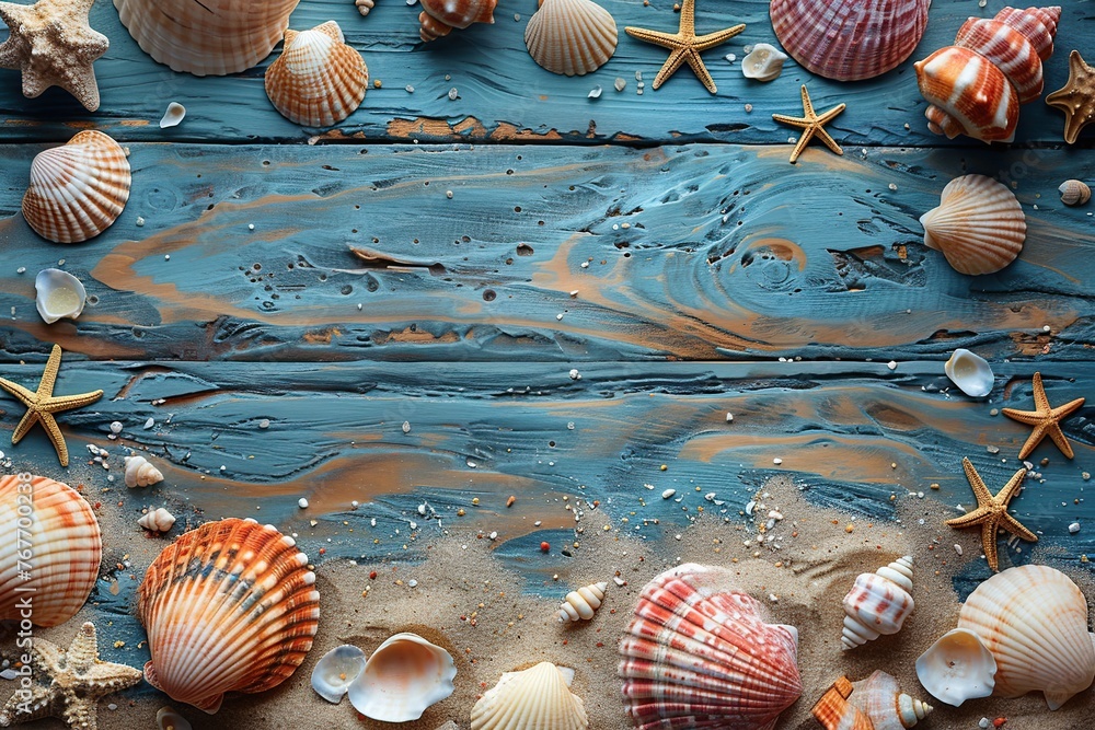 A blue background with a variety of shells and starfish. The shells are ...