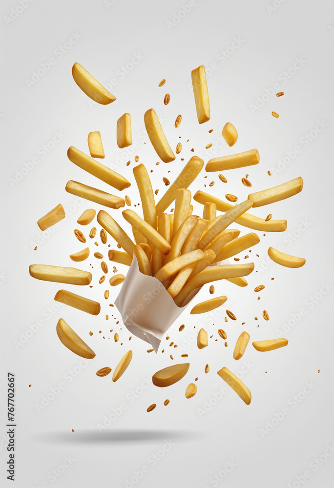 Falling french fries, potato fry isolated on white background, clipping ...