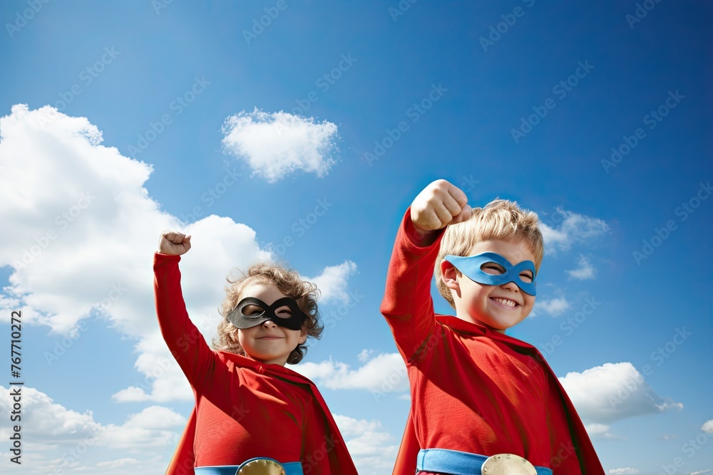 Children dressed as superheroes with capes and masks Stock Photo ...