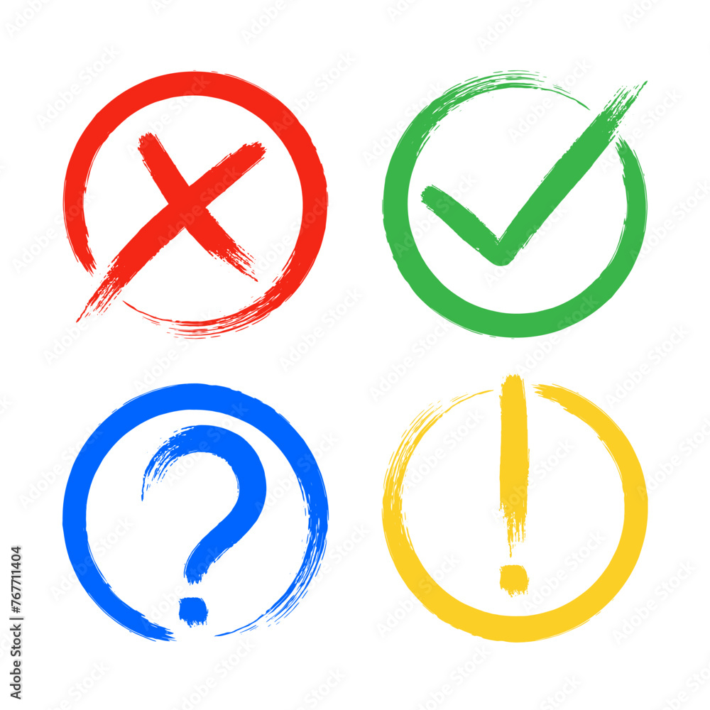 Dirty grunge cross x, tick OK, exclamation and question check marks in ...