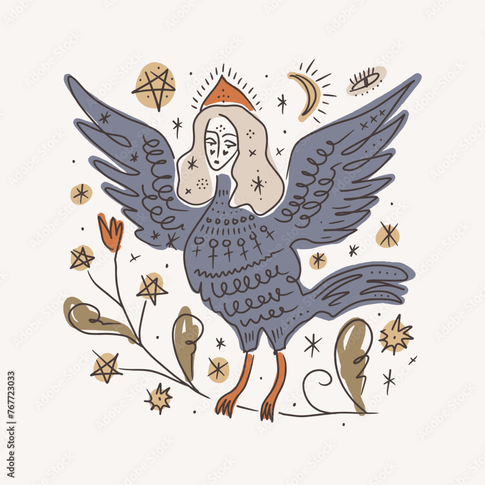 Whimsical alkonost syrin folk slavic mythology bird woman character ...