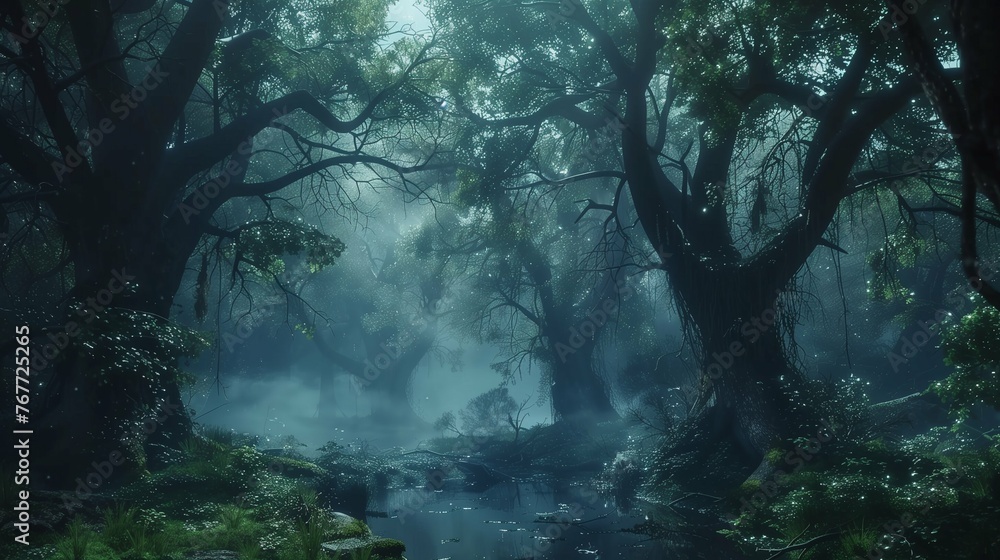 A mystical forest shrouded in mist, where ancient trees twist and ...