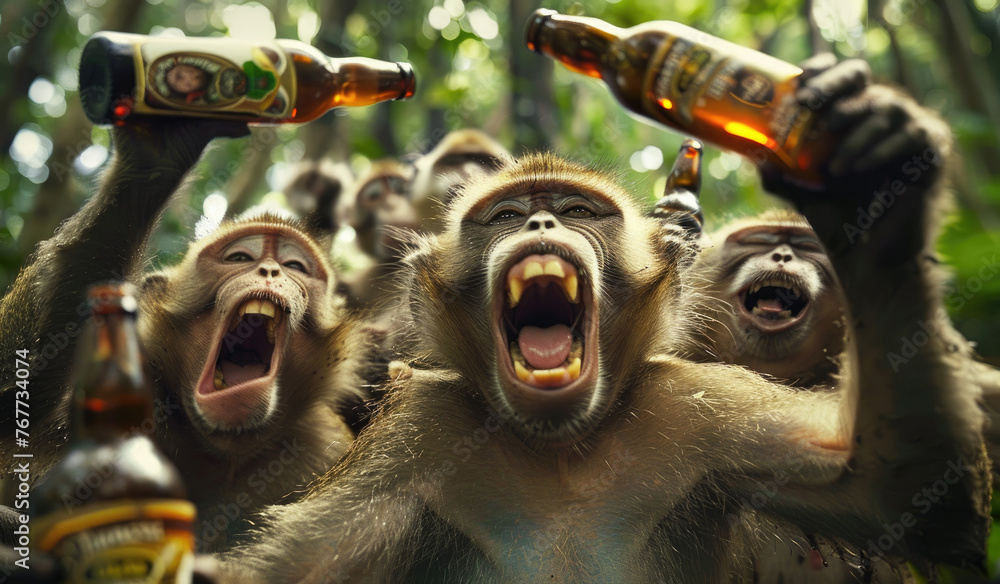 A group of happy monkeys holding beer bottles in their hands, they all ...
