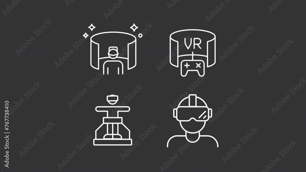 Animated VR devices icons. Virtual reality accessories white line ...