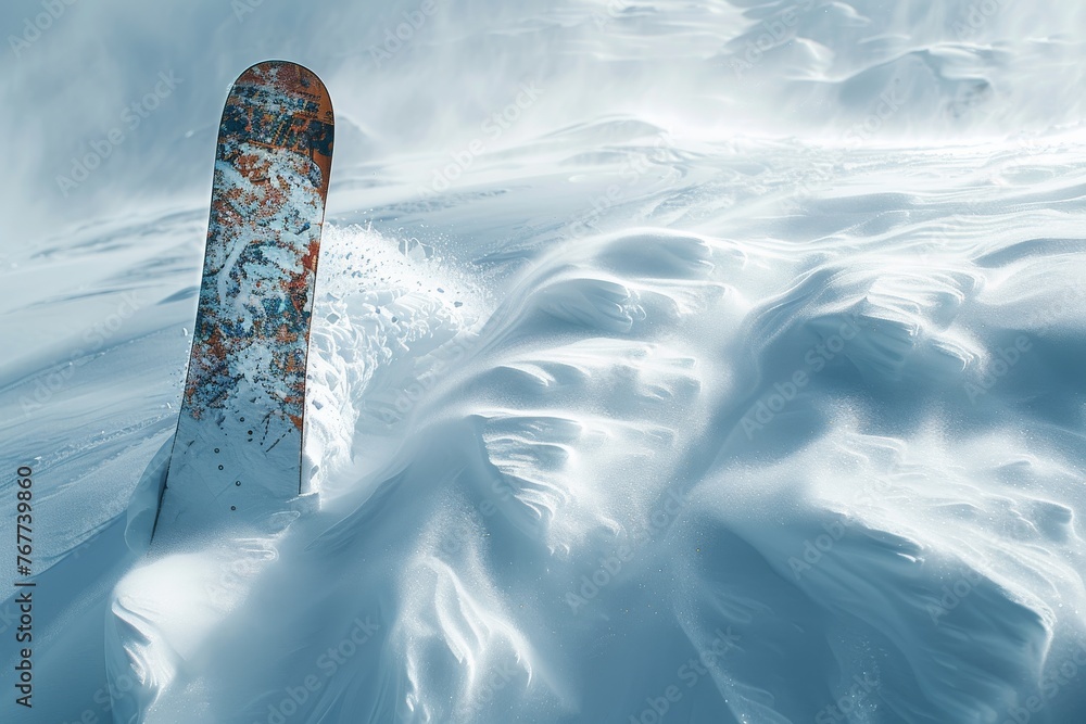Snowboard standing alone in a blanket of snow, portraying the quiet ...