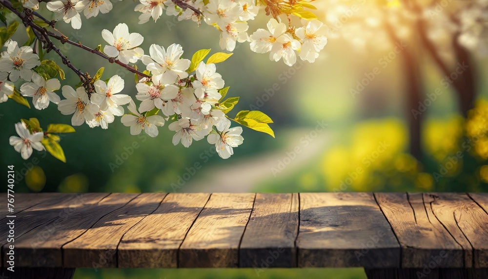 spring flowers on table an empty wooden table on nature outdoors in ...
