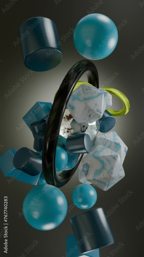 Vertical 3d animation of a multitude of geometric primitives that flock ...