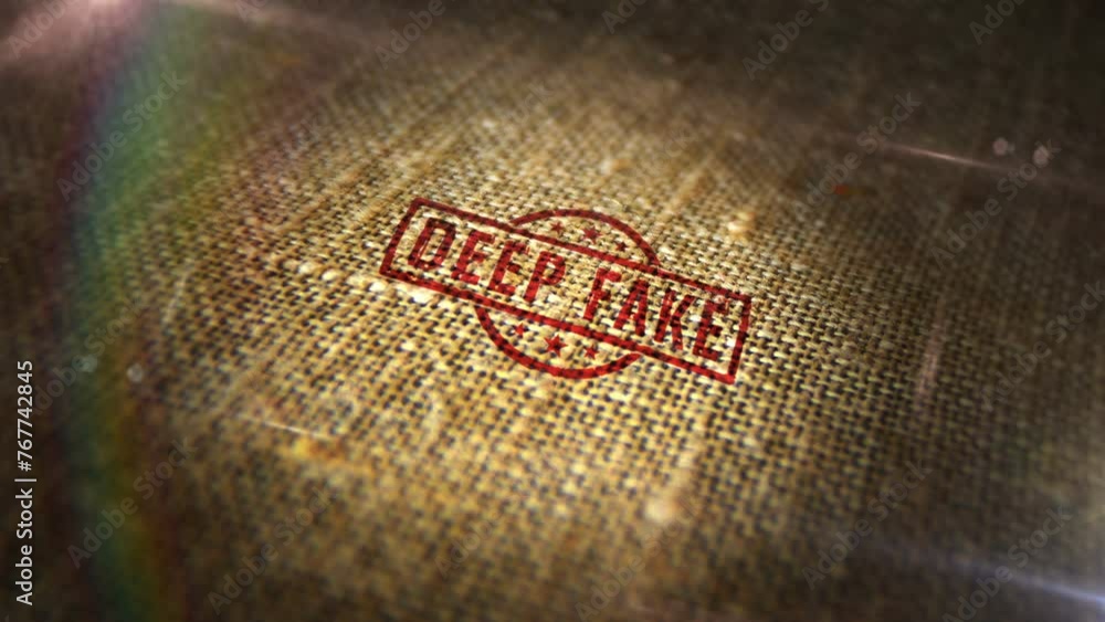 Deep fake hoax sign stamp on natural linen sack. Fake news ai ...