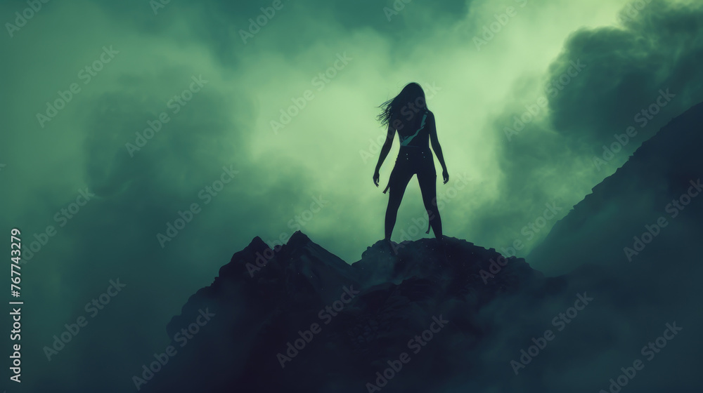 A silhouette stands atop a rocky outcrop, enveloped by a mysterious green fog under the evening ...