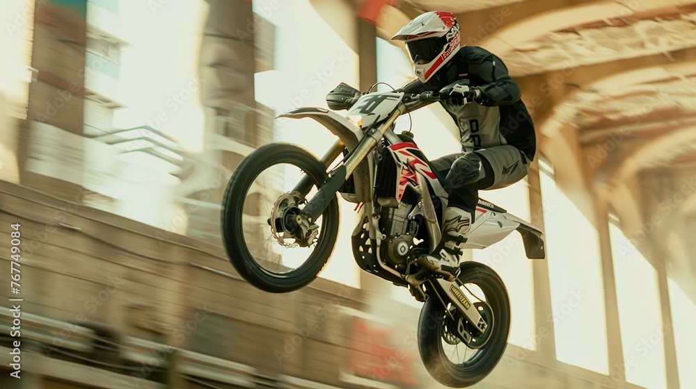 Slow-motion capture of a motorcycle jumping over a ramp with grace ...