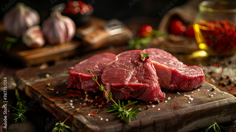 raw beef neck steaks, on the butcher desk, cinematic light, product ...