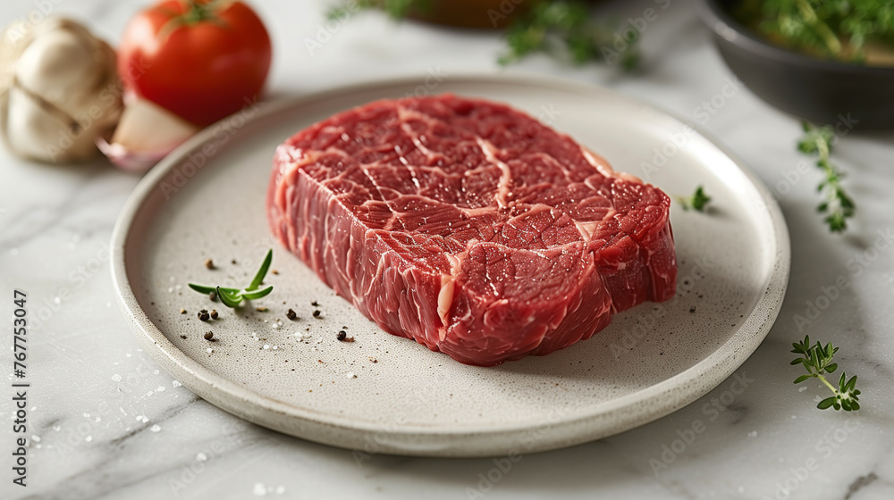 raw beef neck steaks, on the butcher desk, cinematic light, product ...