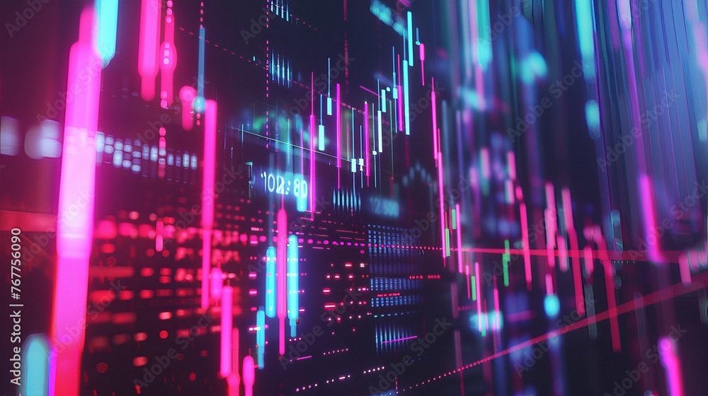 Stacked images of thousands of incoming data form a dynamic bar chart. Stock market data enters ...