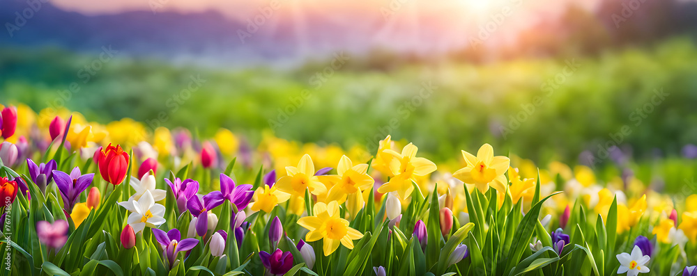 Beautiful fresh spring flowers natural background. Landscape with young ...