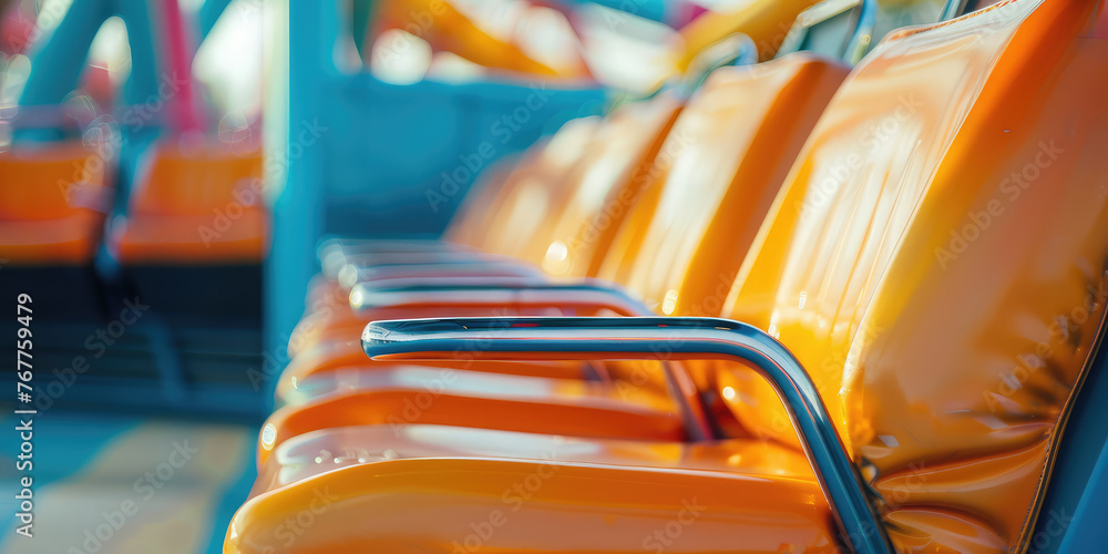 Empty roller coaster seats at an amusement park. Close-up of Roller ...