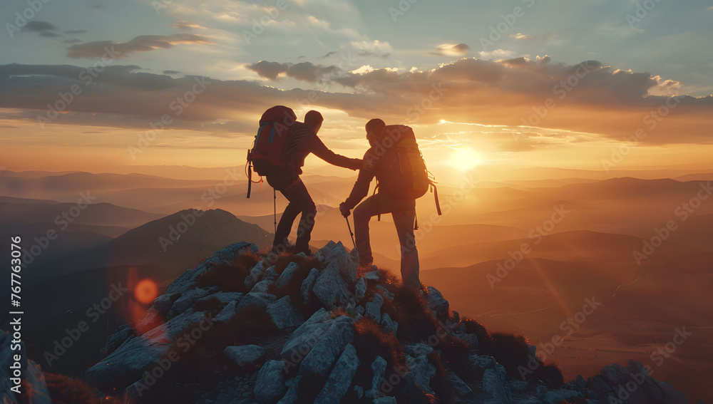 A photo of two hikers helping each other reach the top, with ...