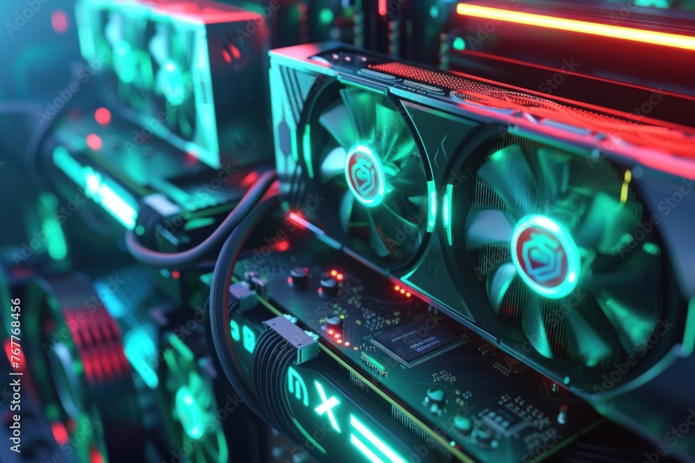 High-Performance Computer Graphics Cards Operating in a Vibrant Red-Lit ...