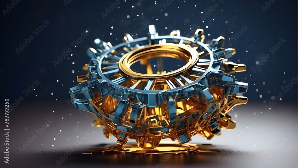 An intricate three-dimensional model of a cog gear with oil droplets ...