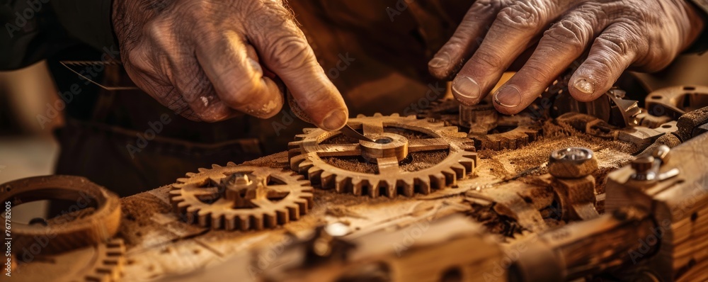 Master carpenter at work hands finely tuning wooden gears for a custom ...