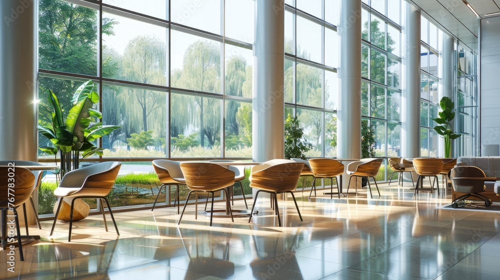 Modern interior office building cafeteria with large windows Stock ...