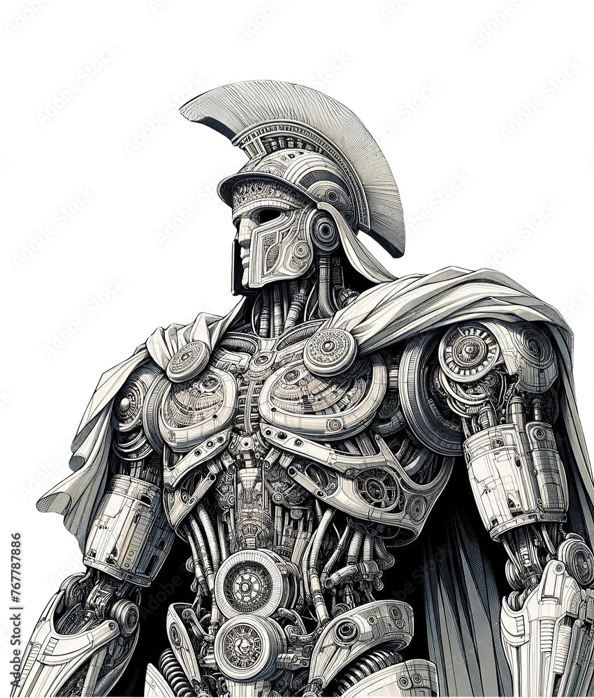 Mechanical robot with Roman armor design, intricate black and white ...