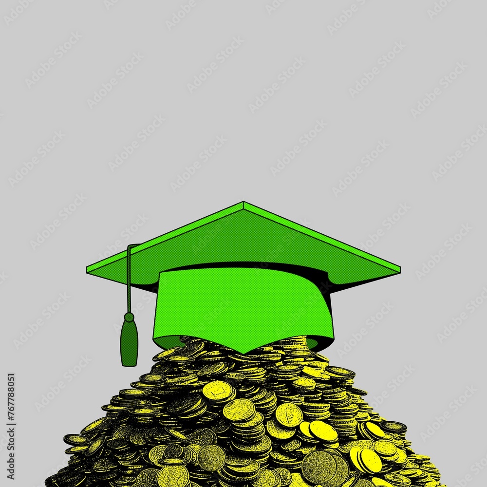 Graduation cap lying on top of golden coins. Contemporary art collage ...