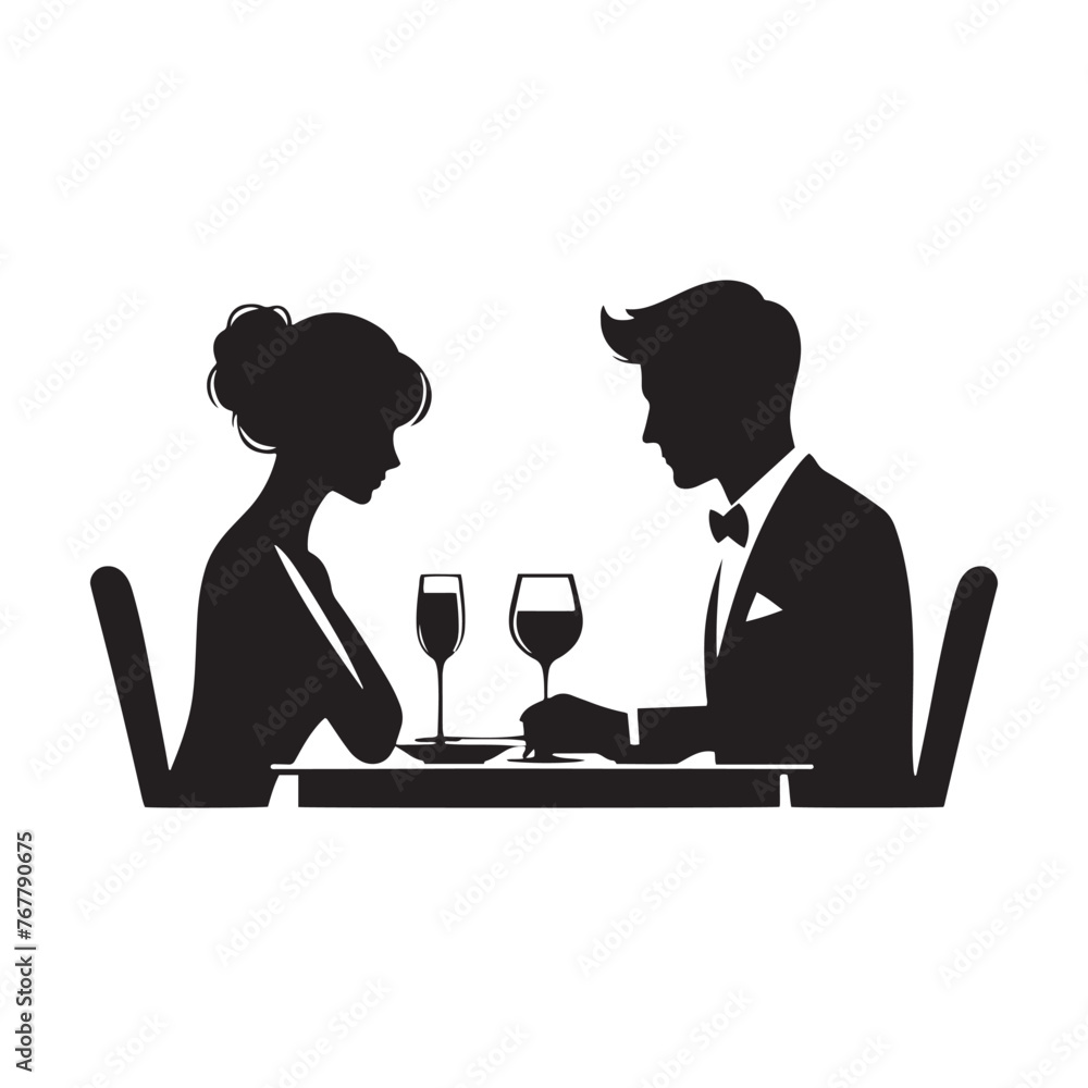 Vector Romantic Couple Dinner Silhouette: Intimate Dining Scene with Lovebirds- Couple dinner ...